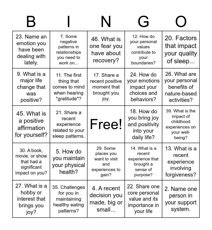 Recovery Bingo Card