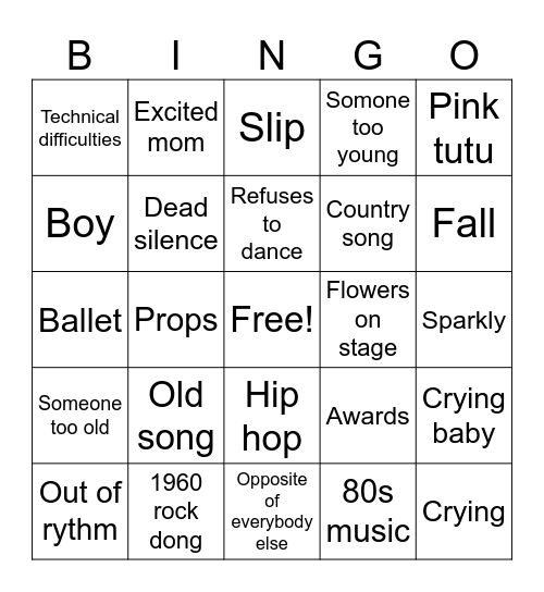 Dance Recital Bingo Card
