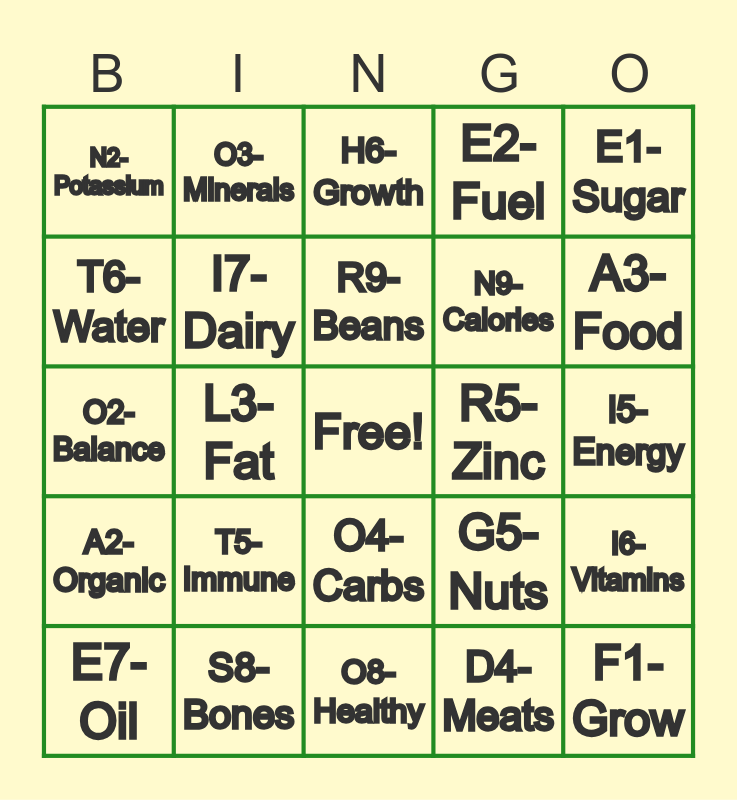 Nutrition Bingo Card