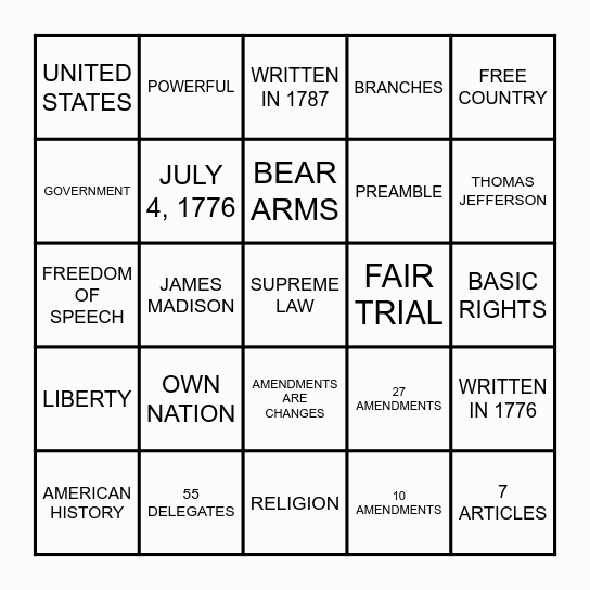 Declaration of Independence, Constitution and Bill of rights BIngo Card