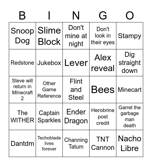 Minecraft movie bingo Card