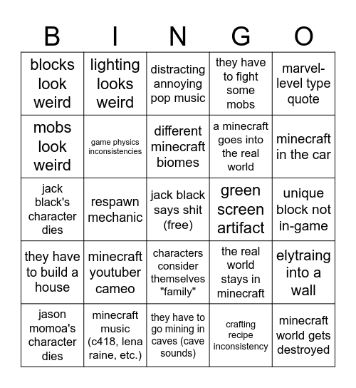 minecraft movie bingo Card