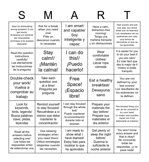 SMART Test Taking! Bingo Card