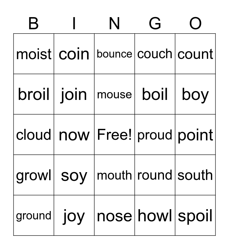 U8 W3 Diphthongs /ou/ and /oi/ Bingo Card