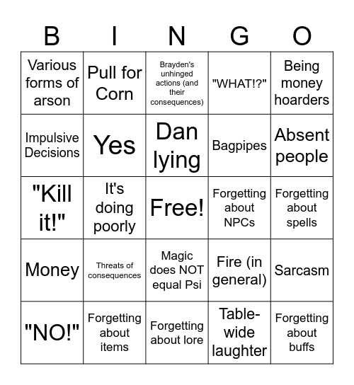 DnD Bingo - Oddly Specific Edition Bingo Card