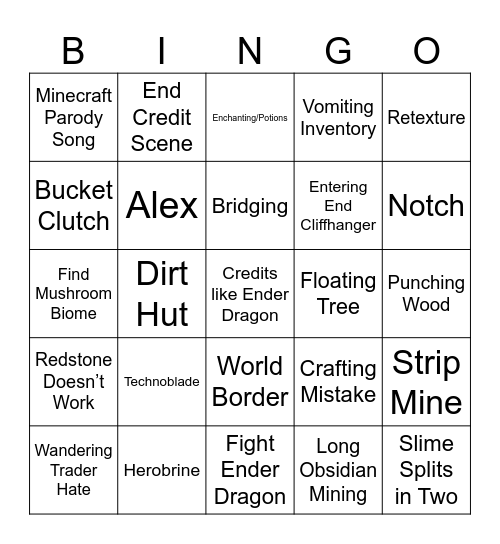 Minecraft Bingo Card
