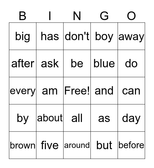 High Frequency Words Bingo Card