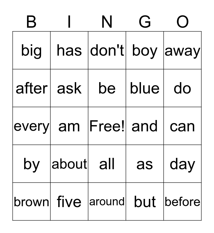 High Frequency Words Bingo Card