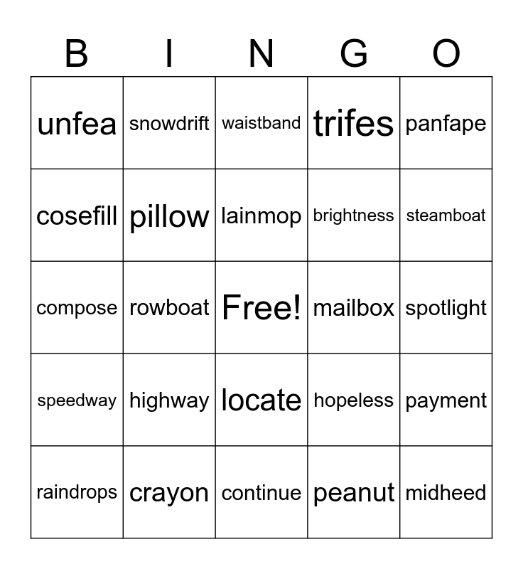Multisyllabic Long Vowels Bingo Card