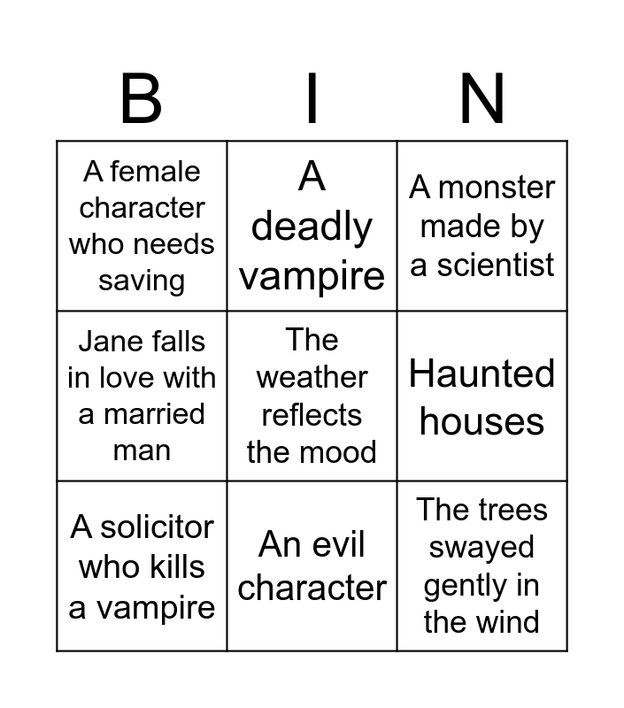 Gothic Literature Bingo Card