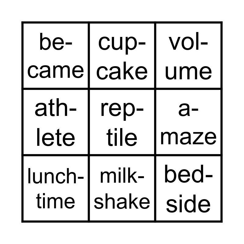 2 syllable CVe Words Bingo Card