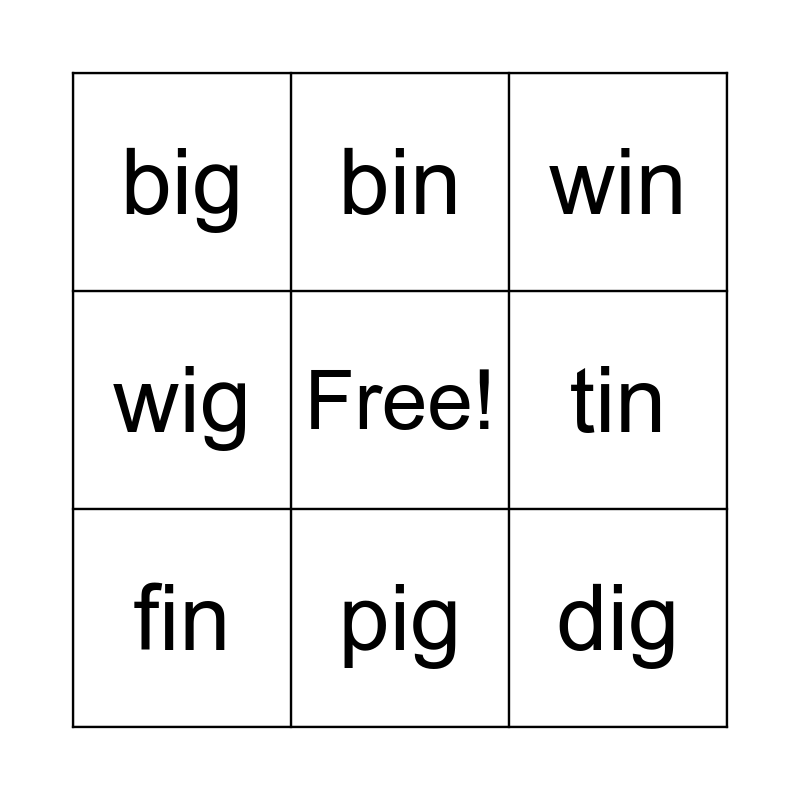 -IN AND -IG WORD FAMILY Bingo Card