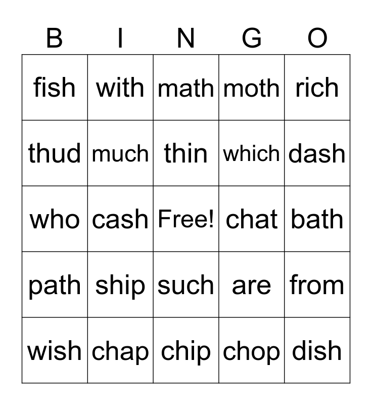 Bingo Digraphs Bingo Card