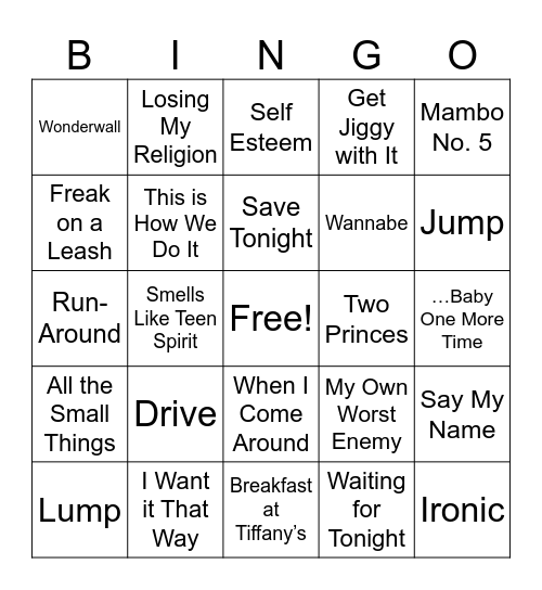Sing-O: Decades 90's Bingo Card