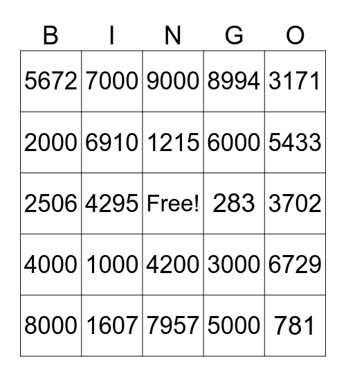 Numbers in 100s Bingo Card
