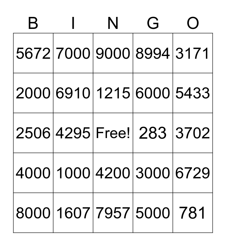 Numbers in 100s Bingo Card