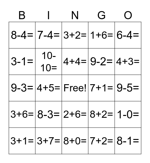 Addition and Subtraction Bingo Card