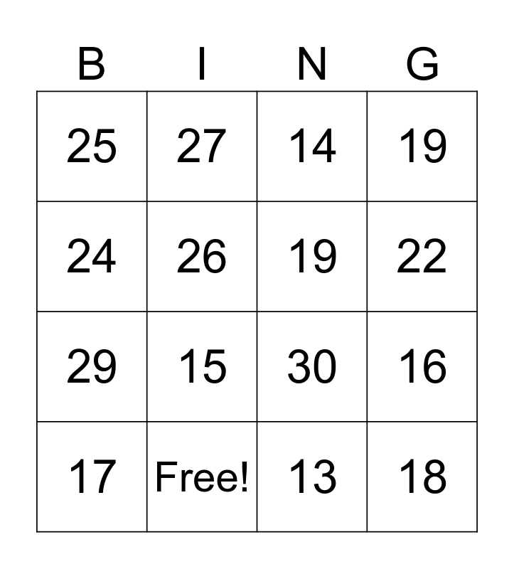 0-30 Bingo Card
