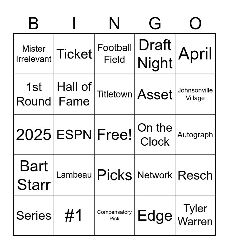 NFL Draft Day Bingo Card