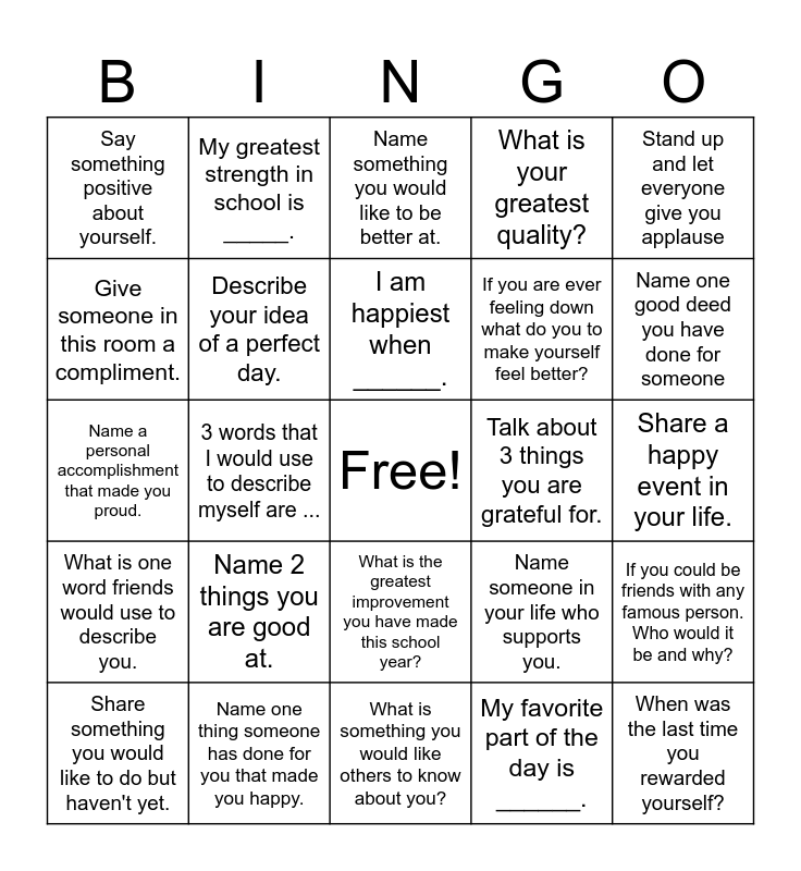 Self-Esteem Bingo! Bingo Card