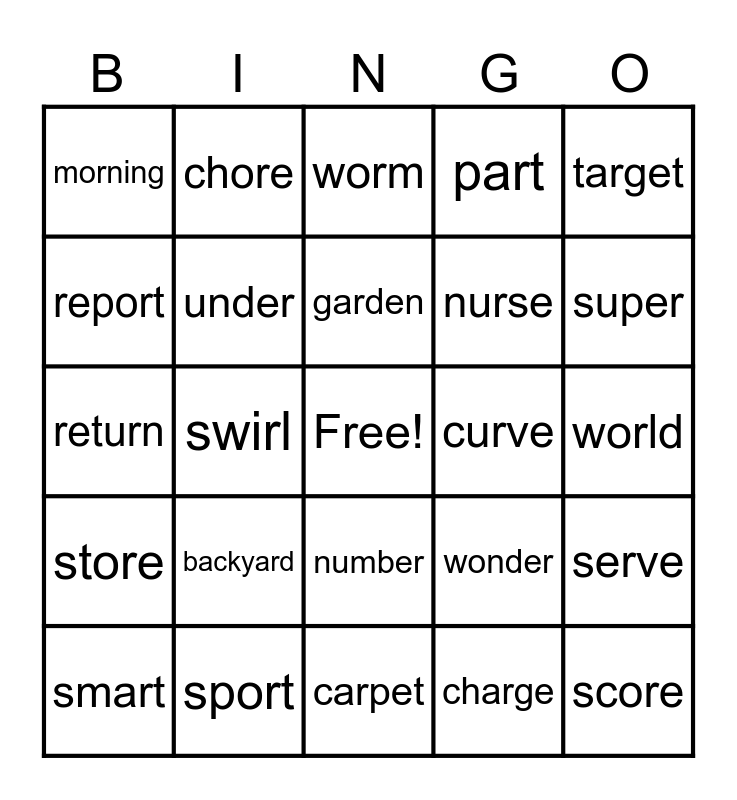 Words with R- Controlled Vowels ar, er, ir, or, ur Bingo Card