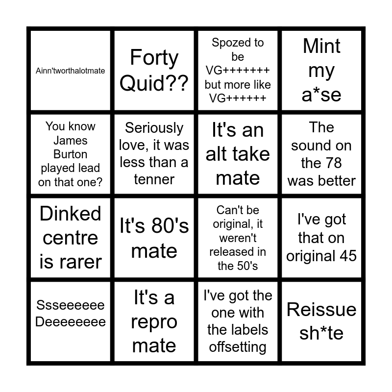 Vinyl Record Collector Bingo Card
