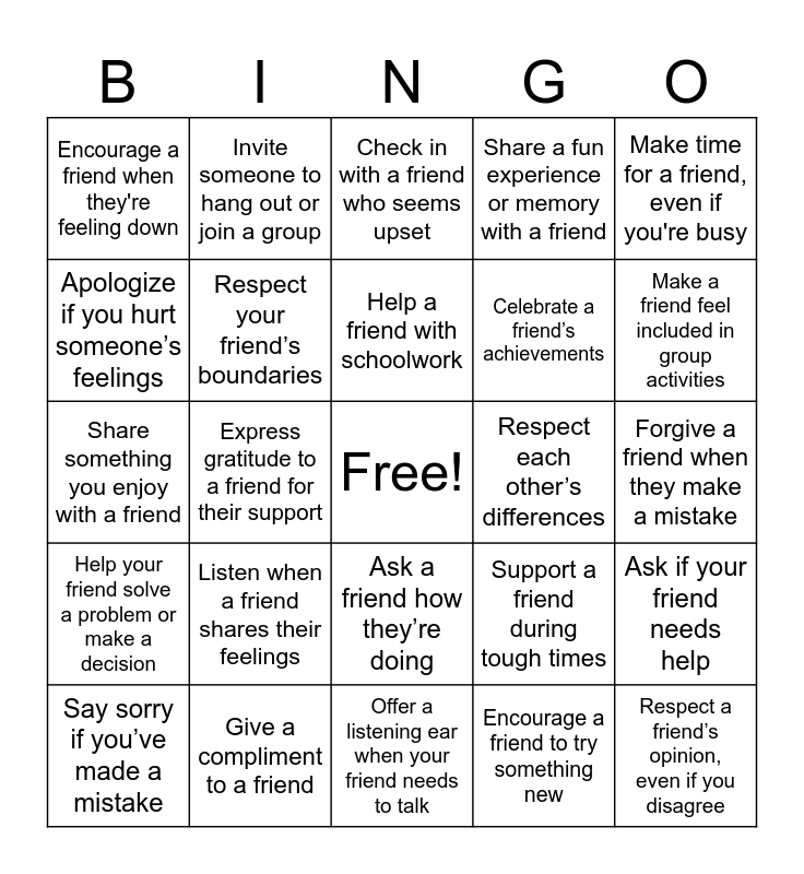 Healthy Friendship Bingo Card