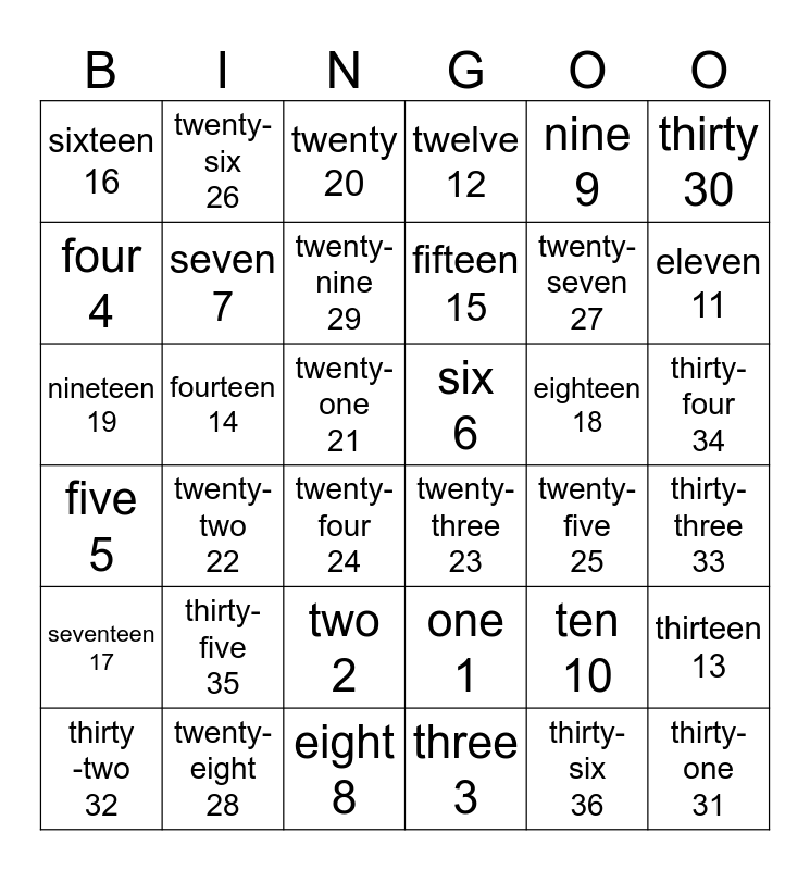 1-36 Bingo Card