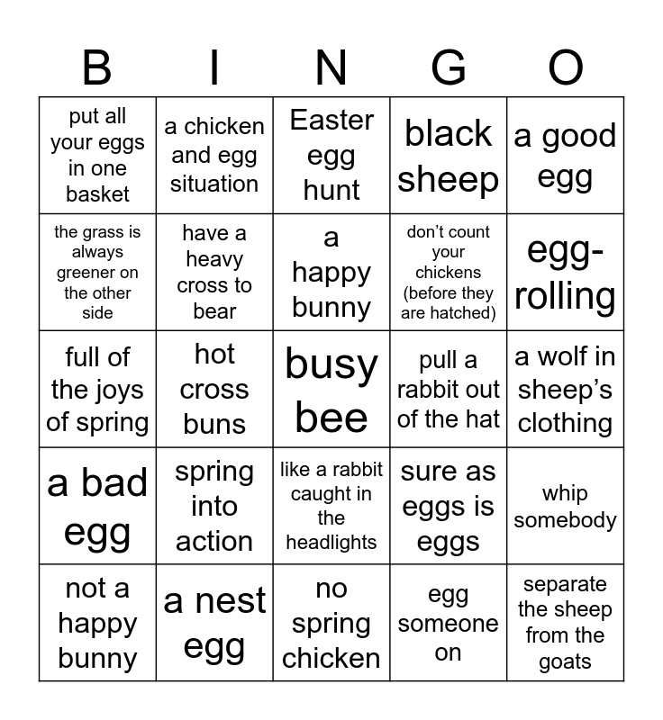 Easter And Spring Idioms and Traditions Bingo Card