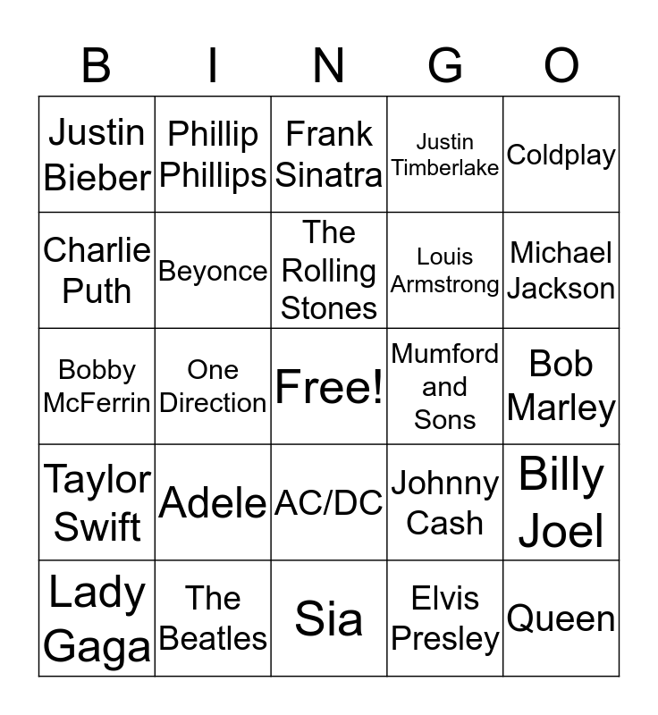 Music Artist Bingo Card
