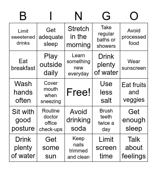 Healthy Habits Bingo Card