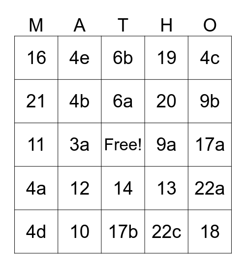 Ch. 10 MATHO Bingo Card