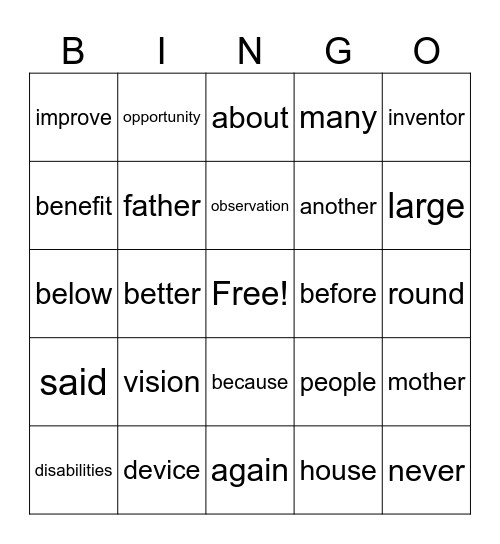 2nd grade Bingo Card