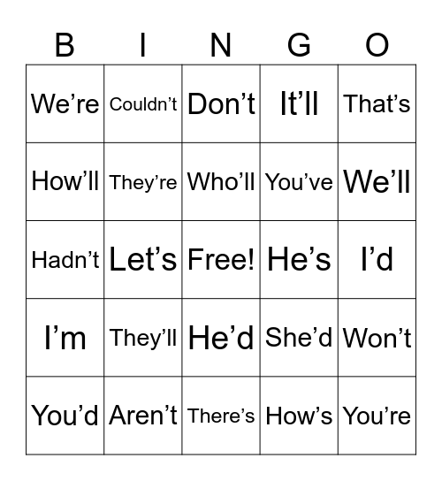 Contractions Bingo Card