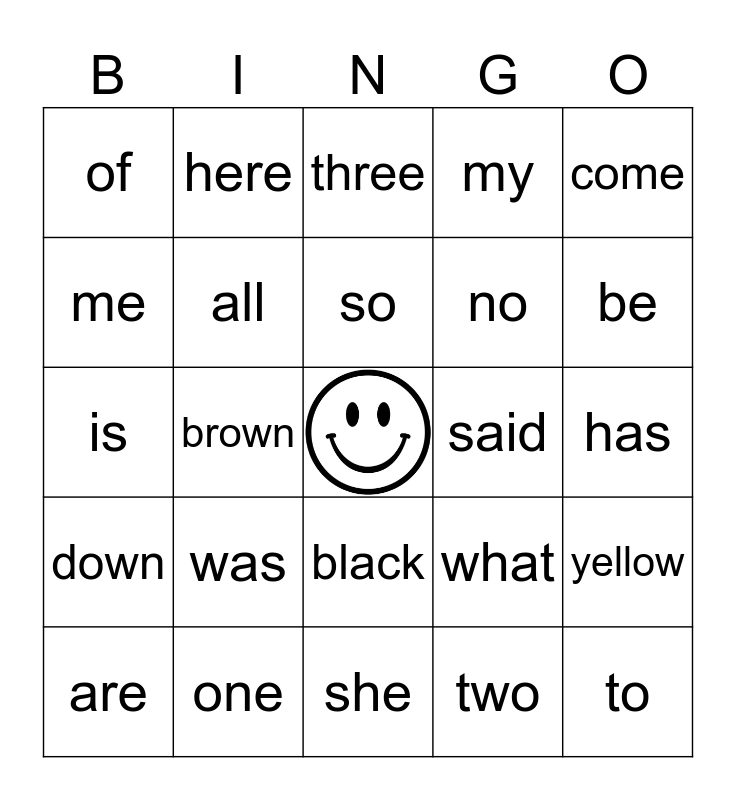 High Frequency Words Bingo Card