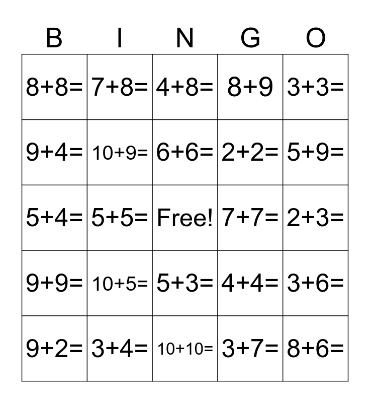 Addition Math Facts up to 20 Bingo Card