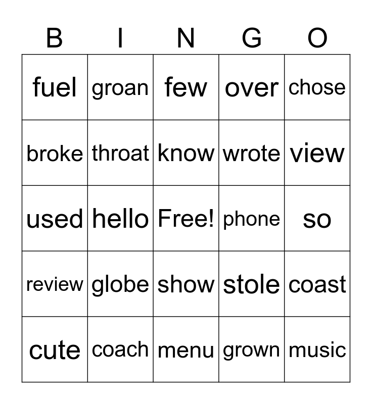 U1 W3 Long o and Long u Bingo Card