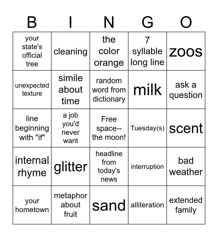 Poem Prompt Bingo Card