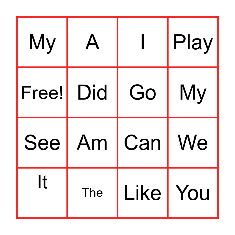 Sight Word Splat Bingo Card