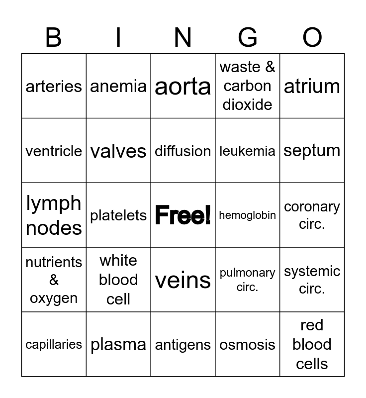 Blood and Circulatory Bingo Card