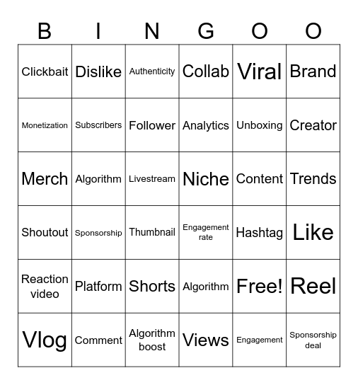 Youtube Effect Bingo Card