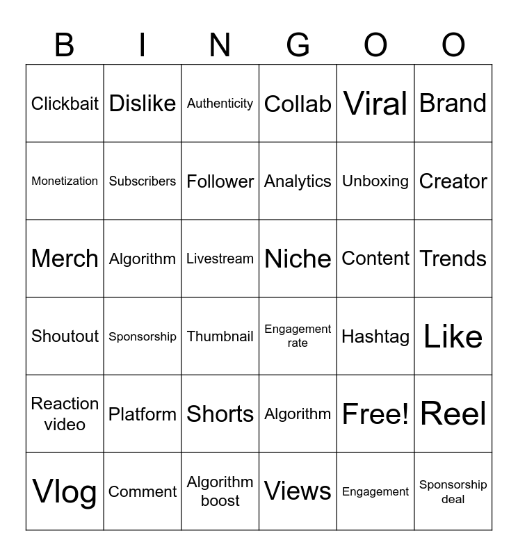 Youtube Effect Bingo Card