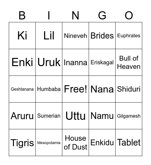 Mesopotamian Mythology Bingo Card