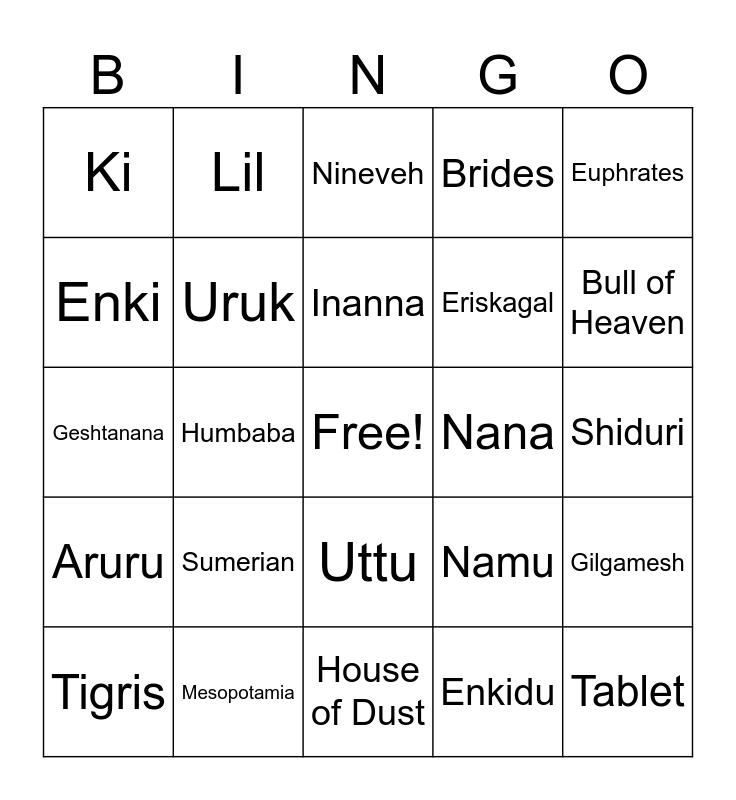 Mesopotamian Mythology Bingo Card