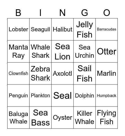 Sea Animals Bingo Card