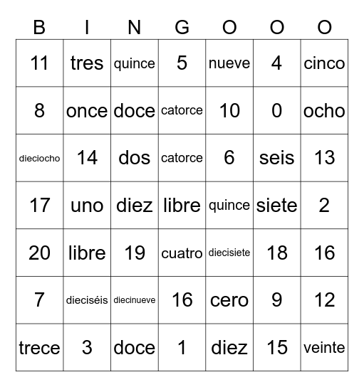 Los números del 0 al 20 Bingo Card