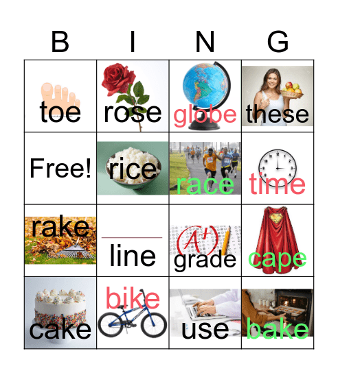 CVCe Words Bingo Card