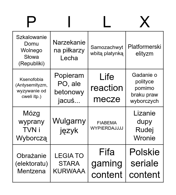 Pilox Bingo Card