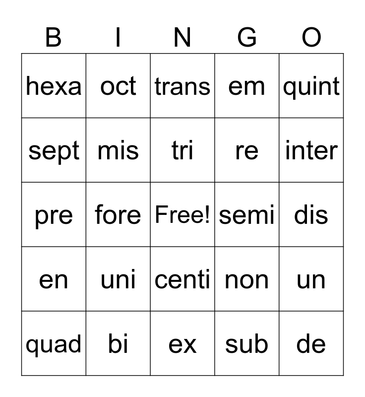Prefixes Bingo Card