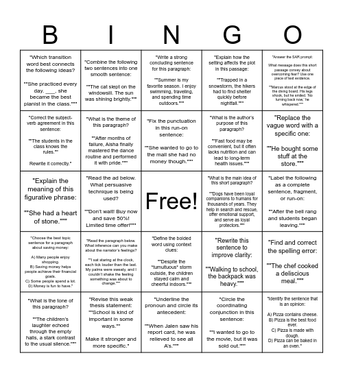 STAAR Review Bingo Card